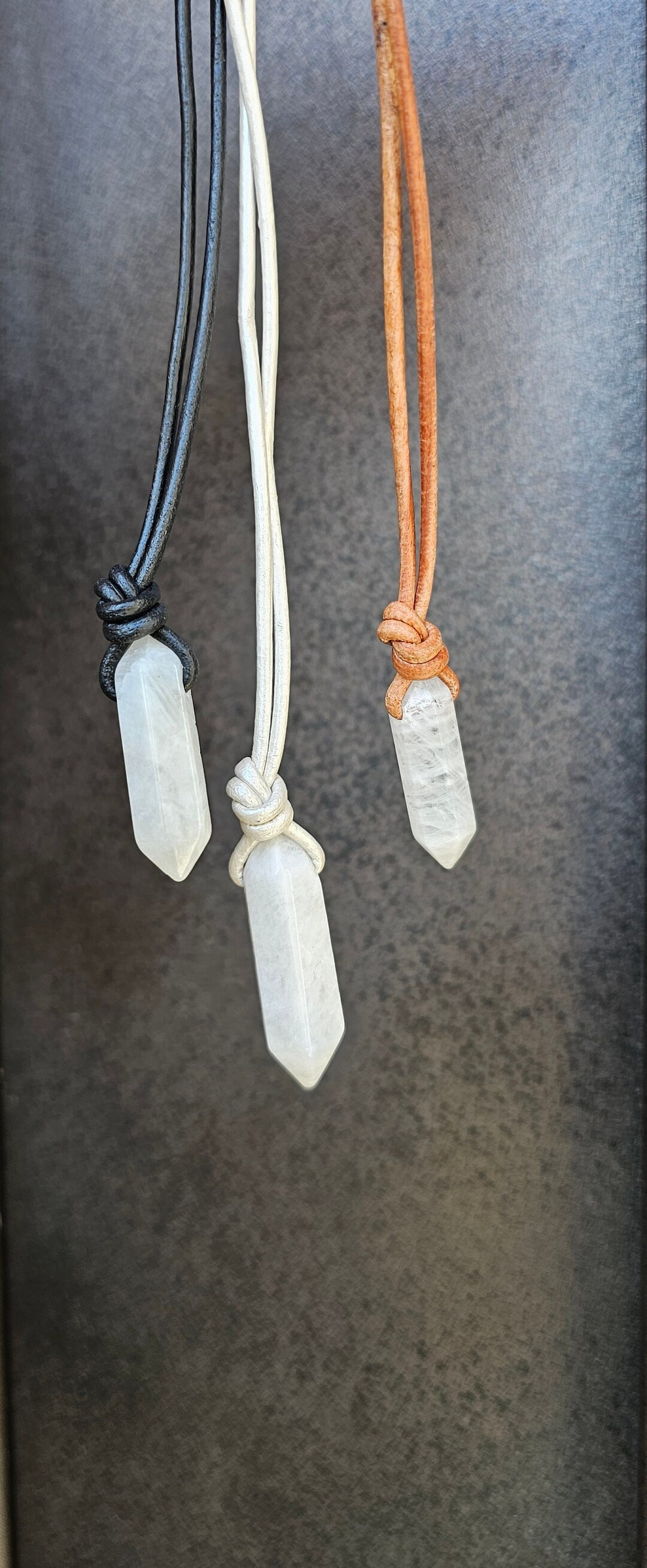 White Moonstone Double Point Pendant Necklace: Select Crystal & Adjustable Leather Cord Color - Etsy