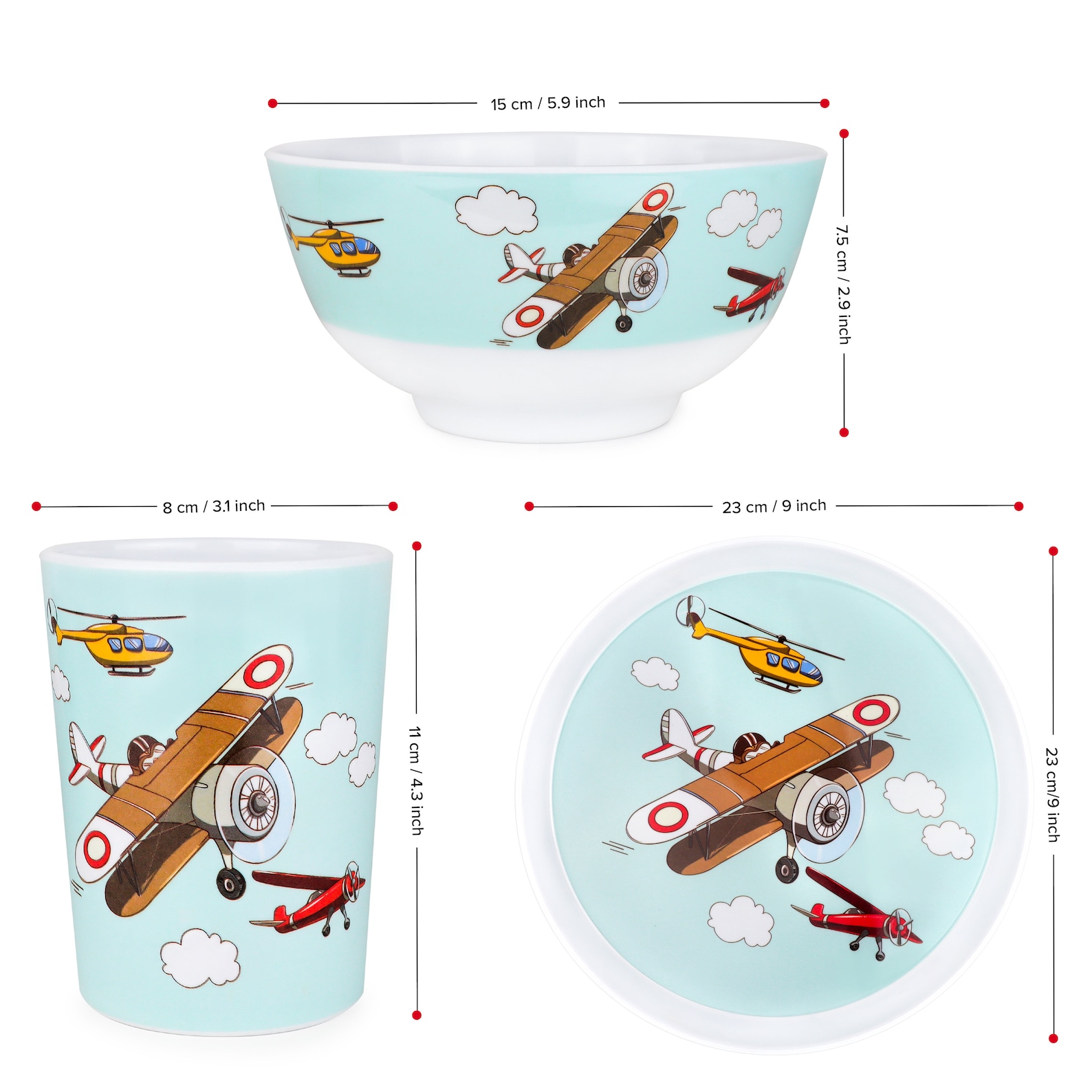 Hand Illustrated Plane Tableware Set, Large Kids Plates, Children Bowls ...