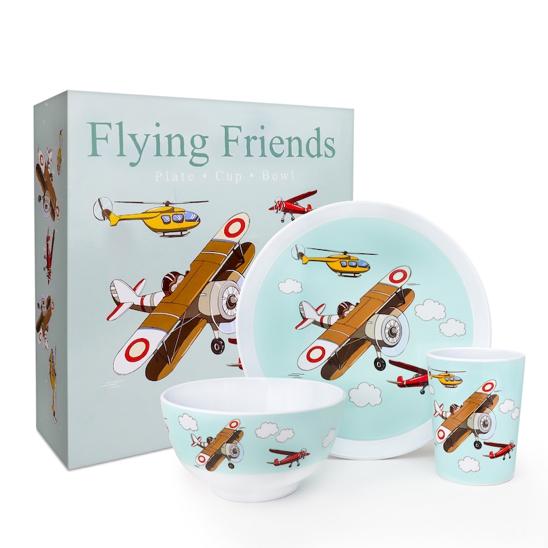 Hand Illustrated Plane Tableware Set, Large Kids Plates, Children Bowls ...