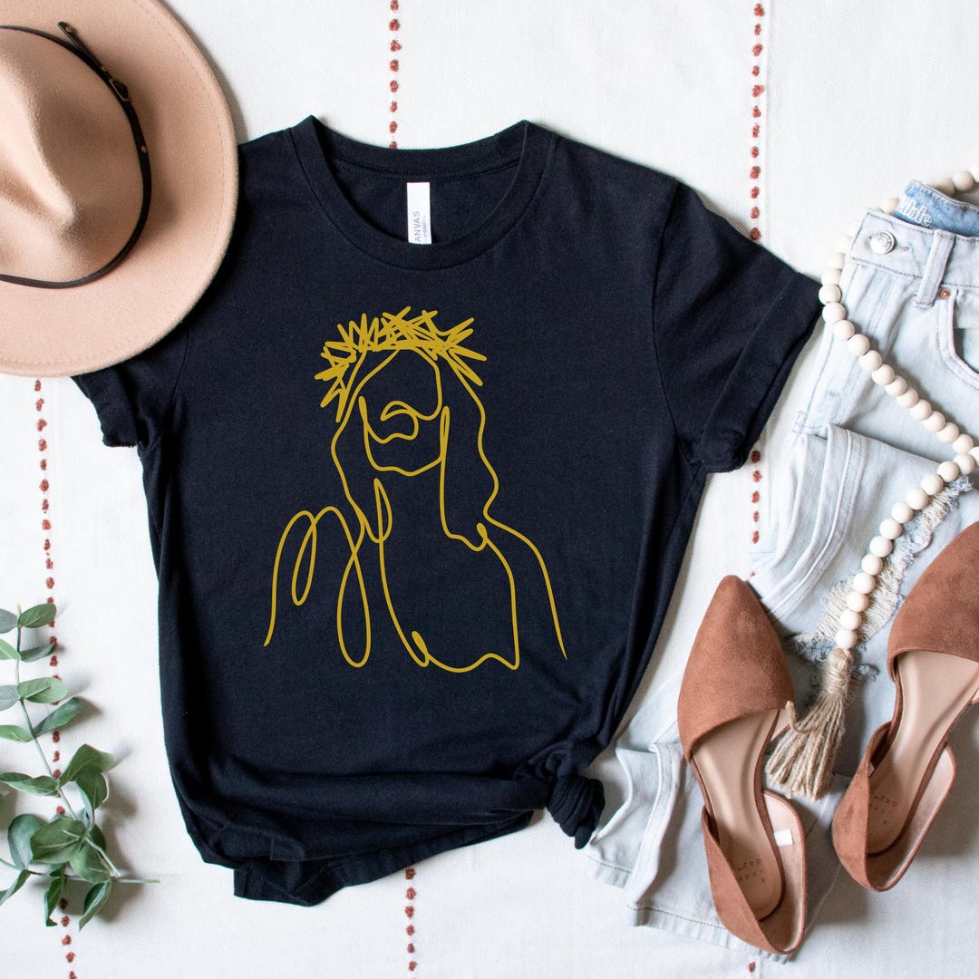 Line Drawing Jesus T-shirt, Gold Design Black Crewneck, Easter Savior ...