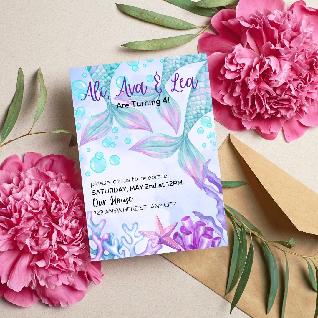 Magical Mermaid Triplet Birthday Invitation – Three Mermaid Tails ...