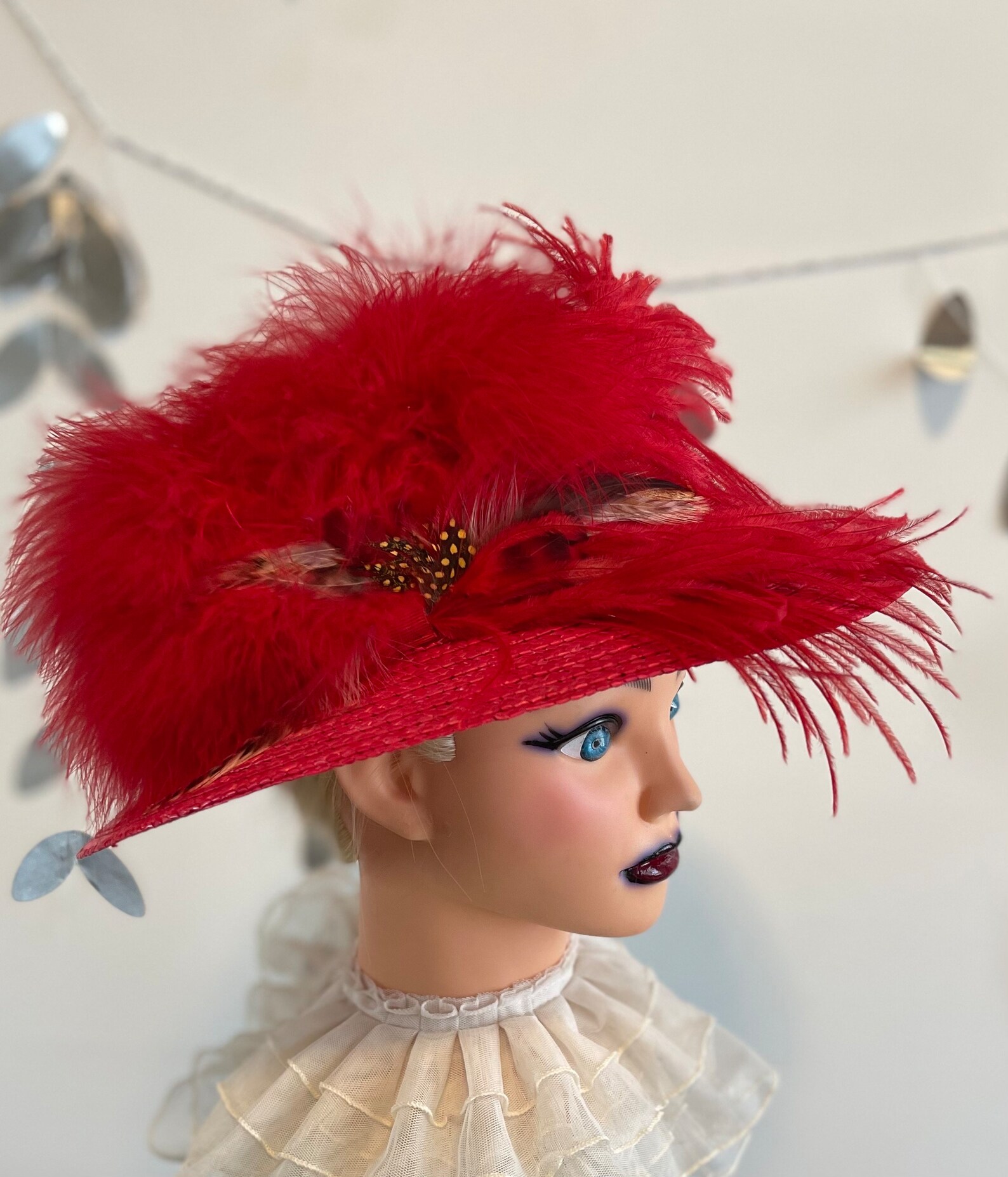 Vintage Red Feathers Straw Hat Fedora by Jennifer Moore - Etsy