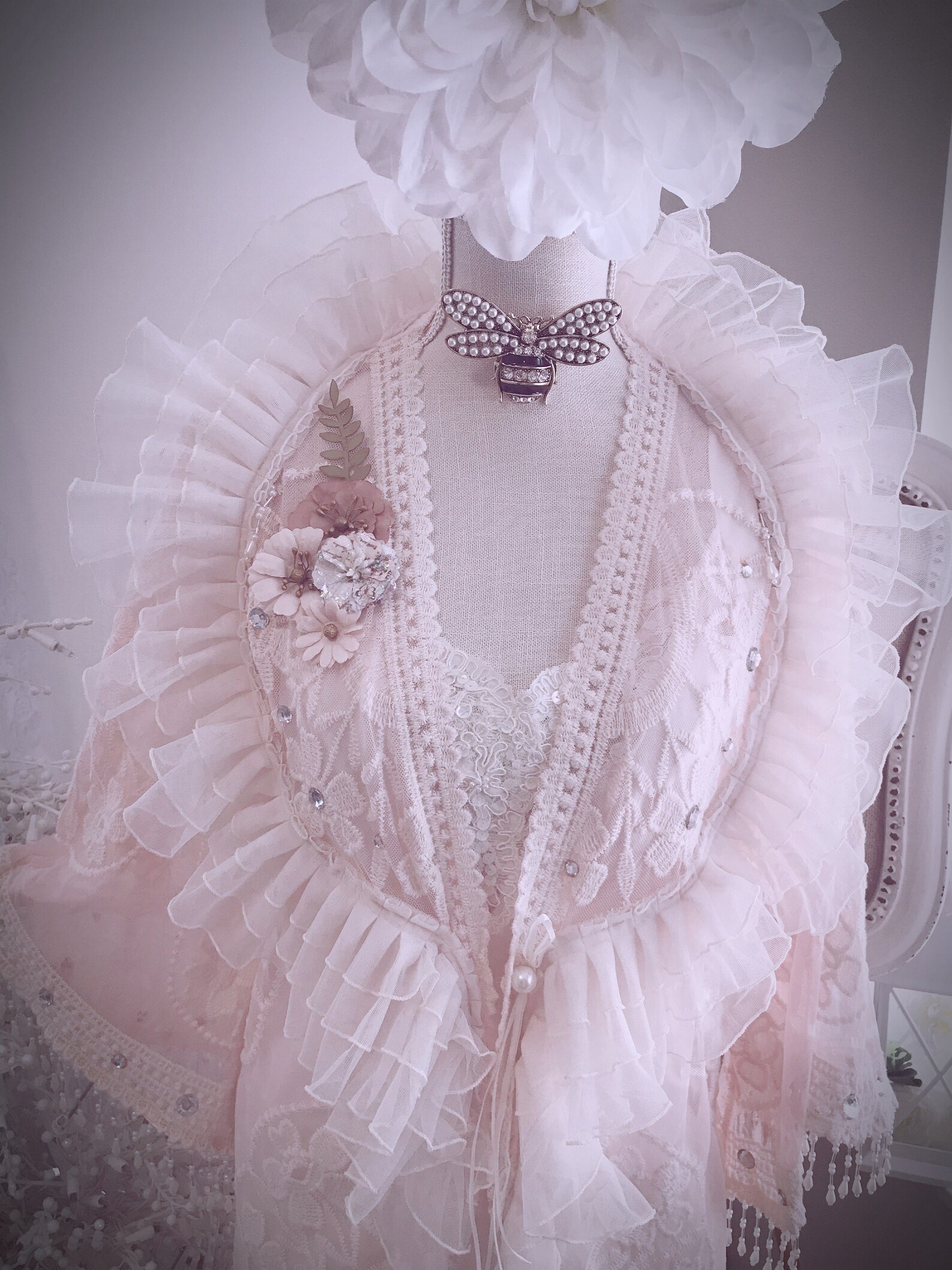 Light Pink Ruffled, Flower, Rhinestone Duster With Pearl Beaded Sleeves ...