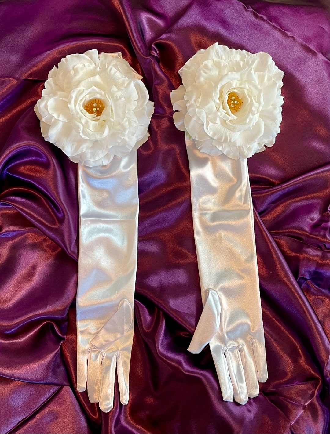 White Long Formal Gloves W/large Rose Wedding Bridal Bachelorette - Etsy
