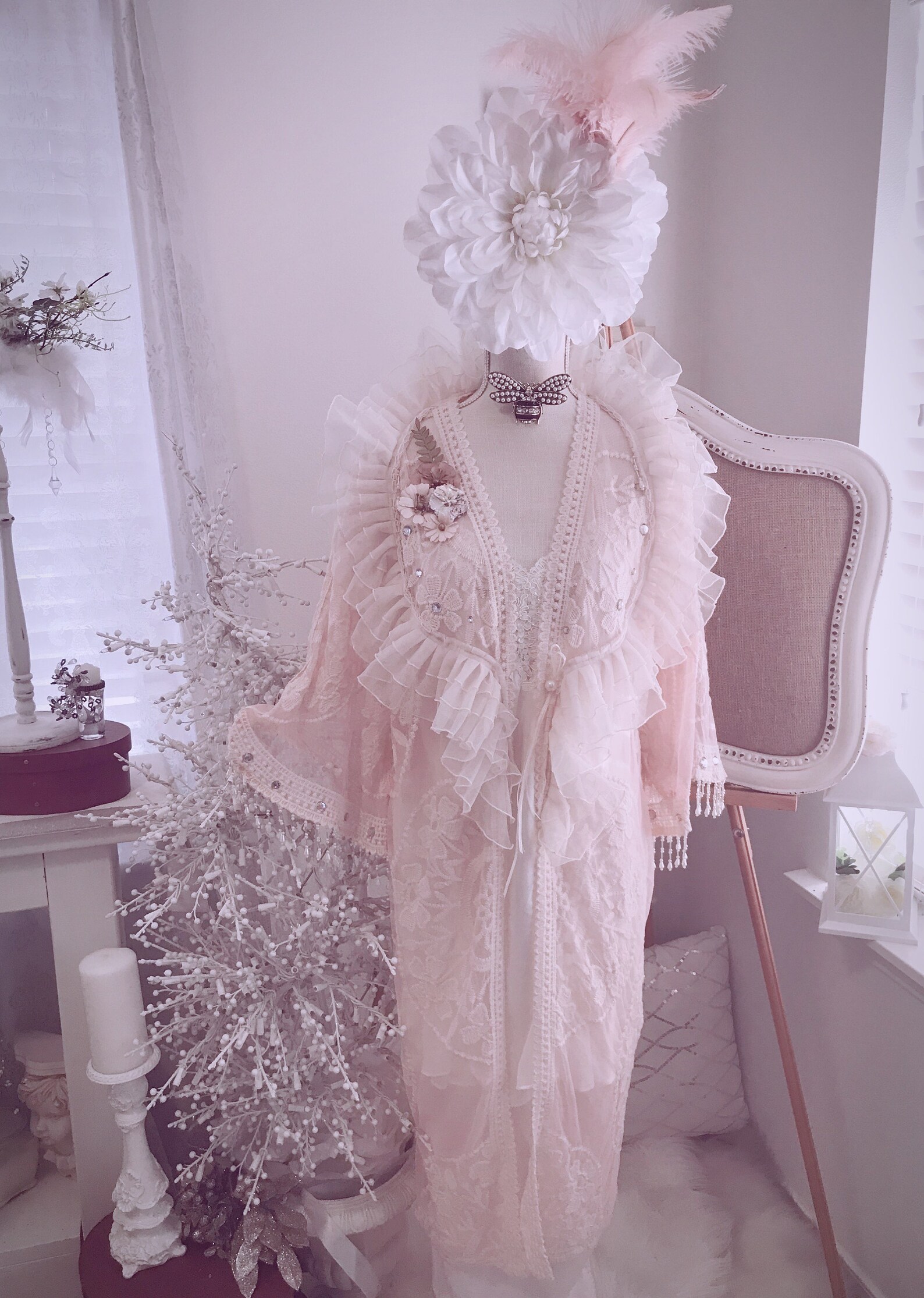 Light Pink Ruffled, Flower, Rhinestone Duster With Pearl Beaded Sleeves ...