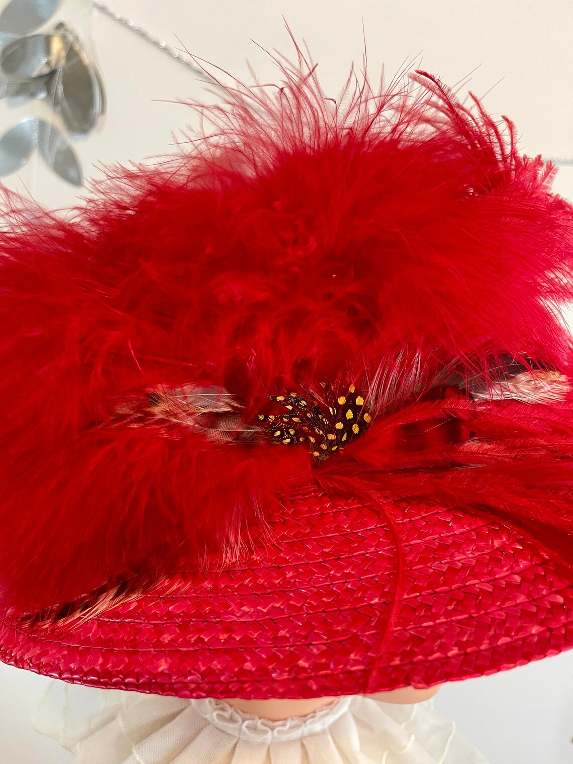 Vintage Red Feathers Straw Hat Fedora by Jennifer Moore - Etsy