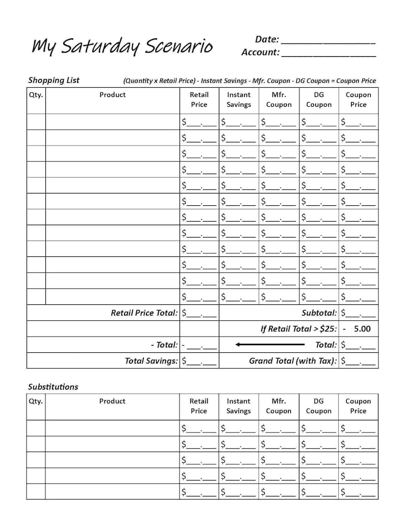 Saturday Scenario Couponing Worksheet (dollar General) - Etsy