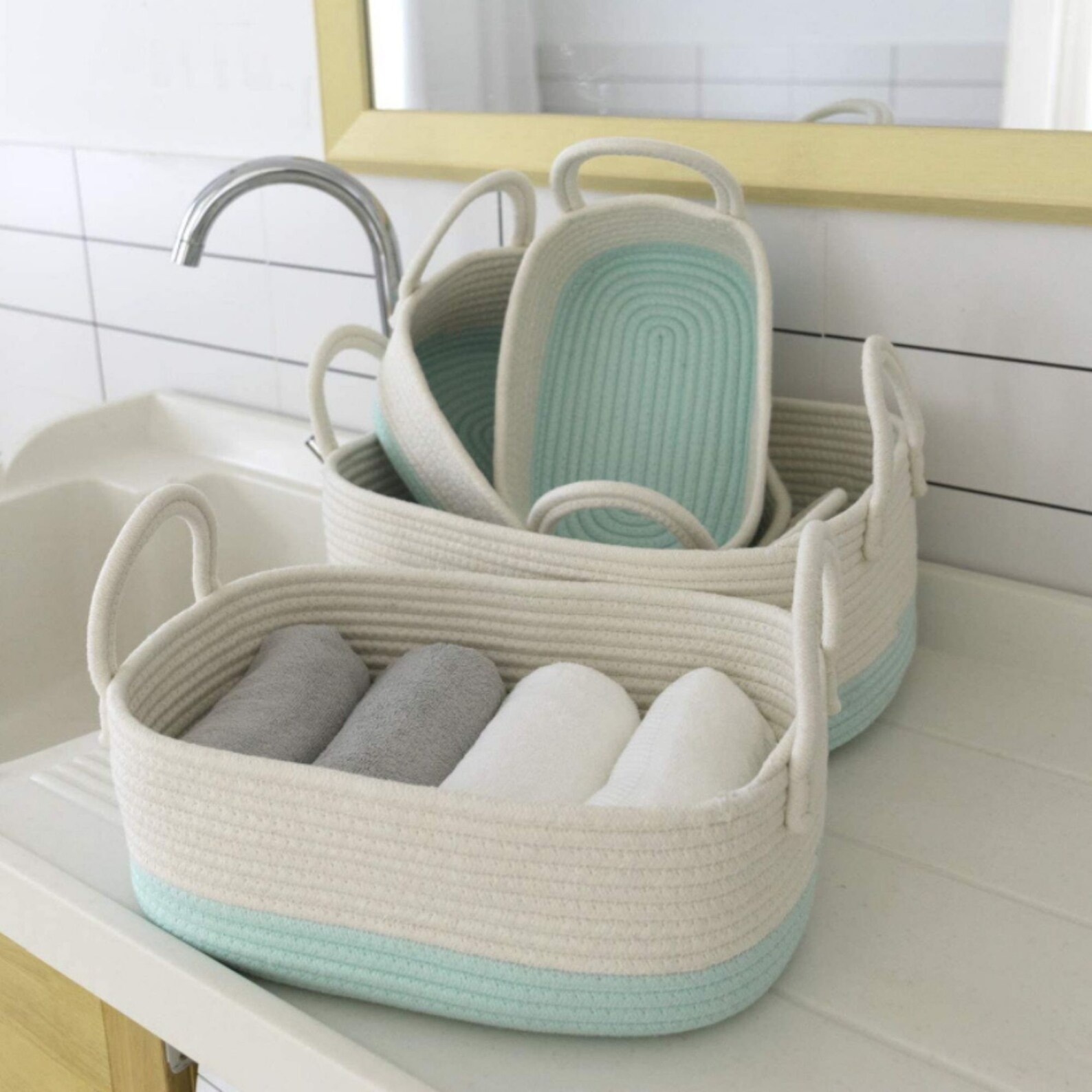Storage Basket Set of 4 Cotton Rope Woven Organizer Bins With Handles ...