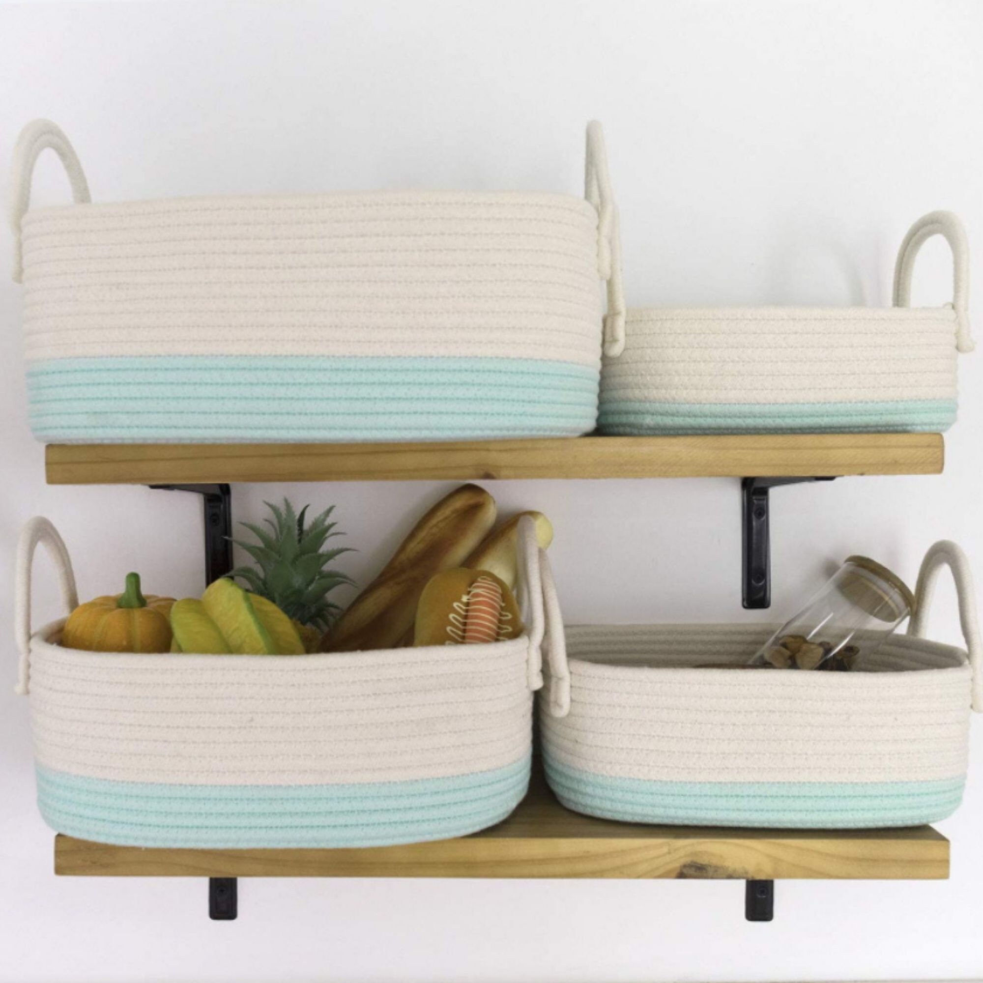 Storage Basket Set of 4 Cotton Rope Woven Organizer Bins With Handles ...