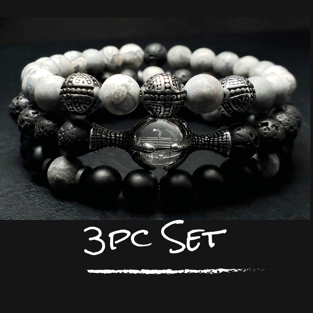 Mens Gothic Bead Bracelet 3pc Set: Lava, Onyx, Jasper & Quartz (3pc) - Etsy