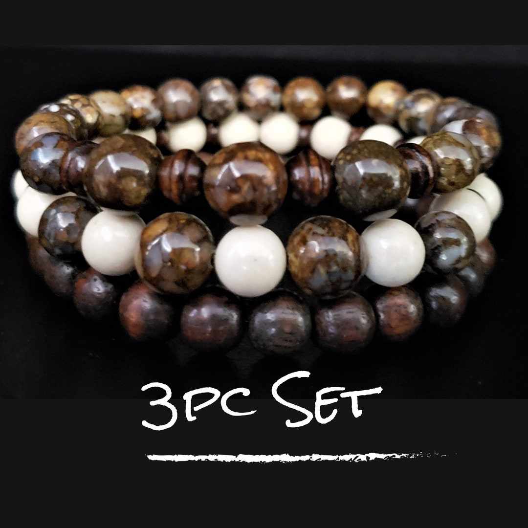 Mens Bead Bracelet 3pc Set - Natural Gemstone Stretch Bracelets | Fire ...