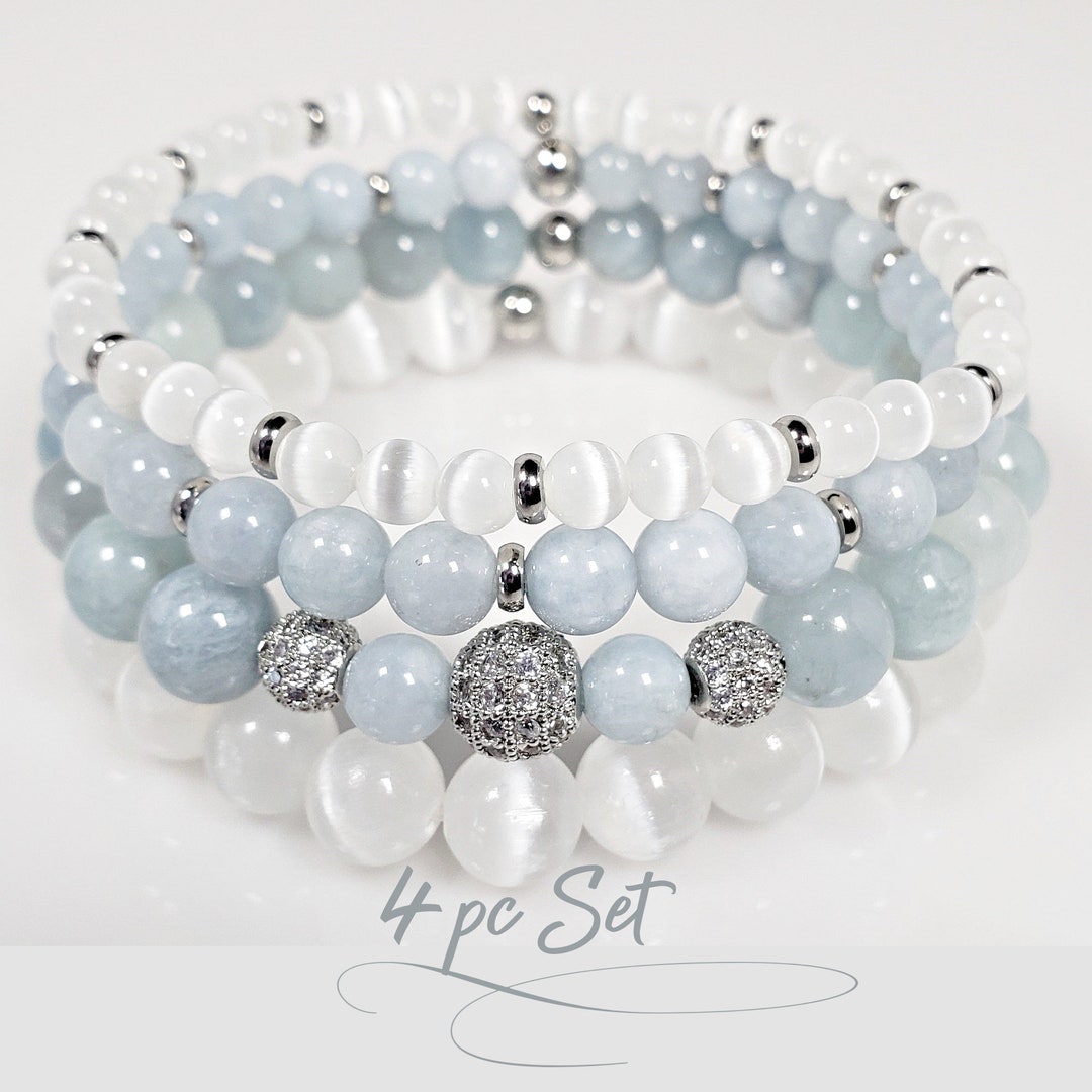 Womens Bead Bracelet 4pc Set Natural Gemstone Stretch Bracelets