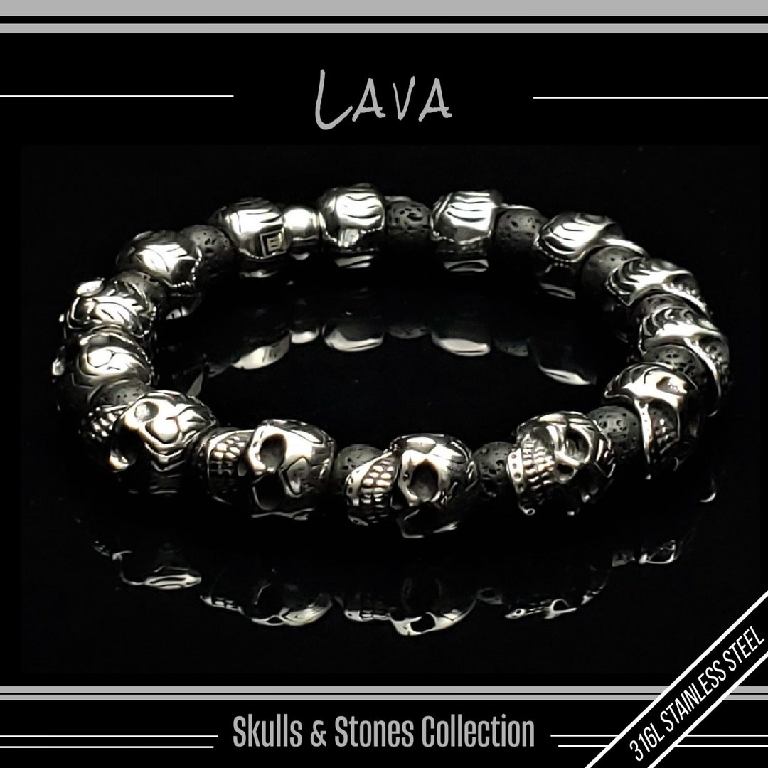 Mens Skull Bracelet: Black Lava & Marine Grade Stainless Steel - Etsy