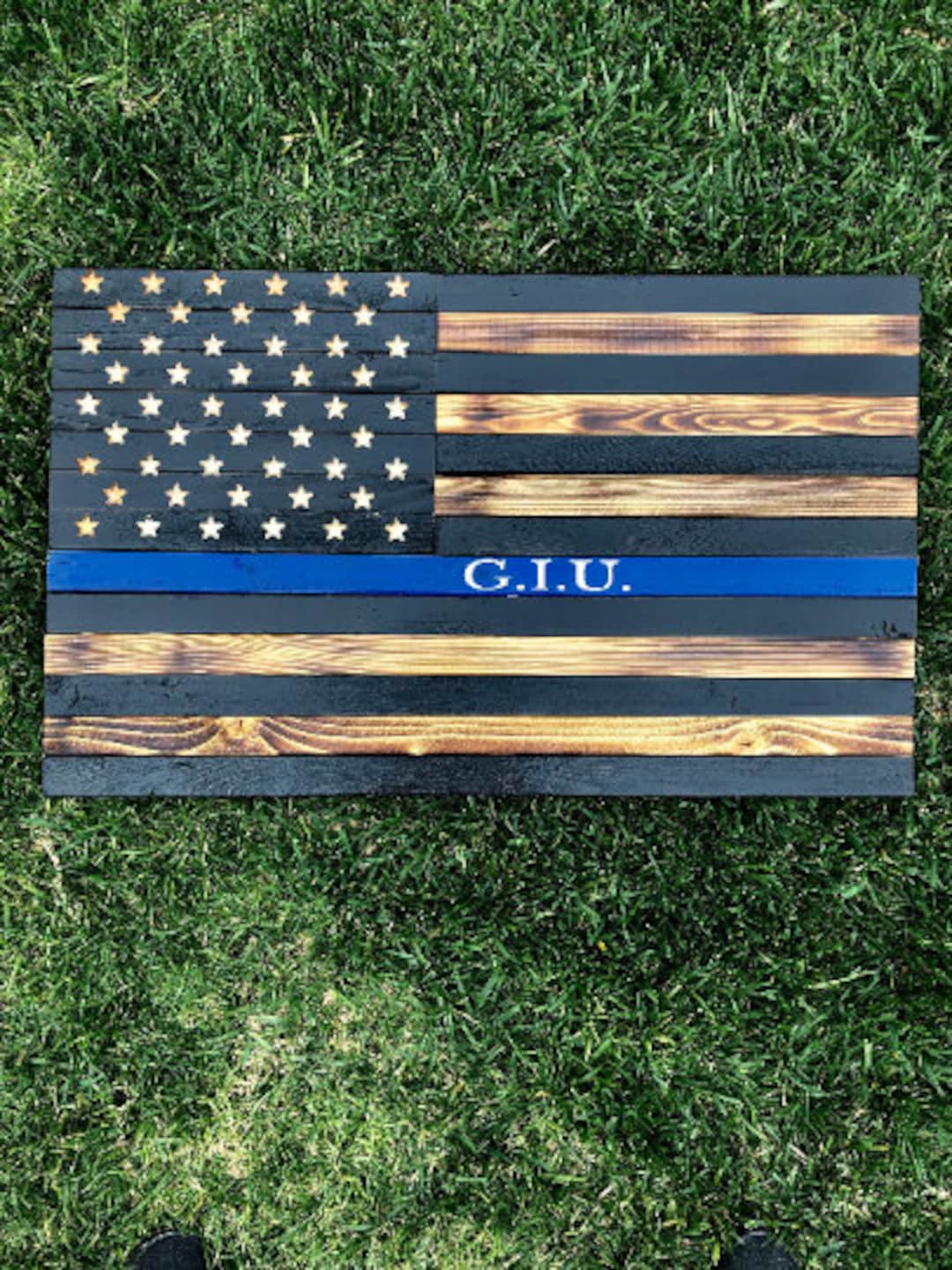 Thin Blue Line Flag, Blueline Police Officer, Charred Wooden Flag ...