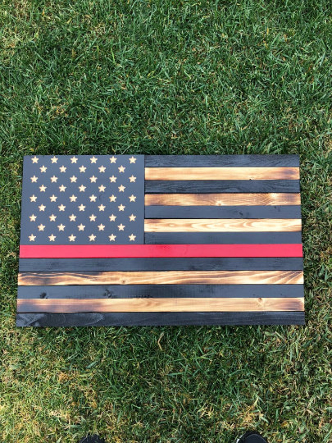 Handmade Charred Wooden Thin Red Line Flag, Firefighter Gift, Engraved ...