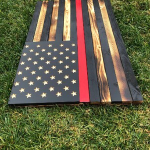 Handmade Charred Wooden Thin Red Line Flag, Firefighter Gift, Engraved ...