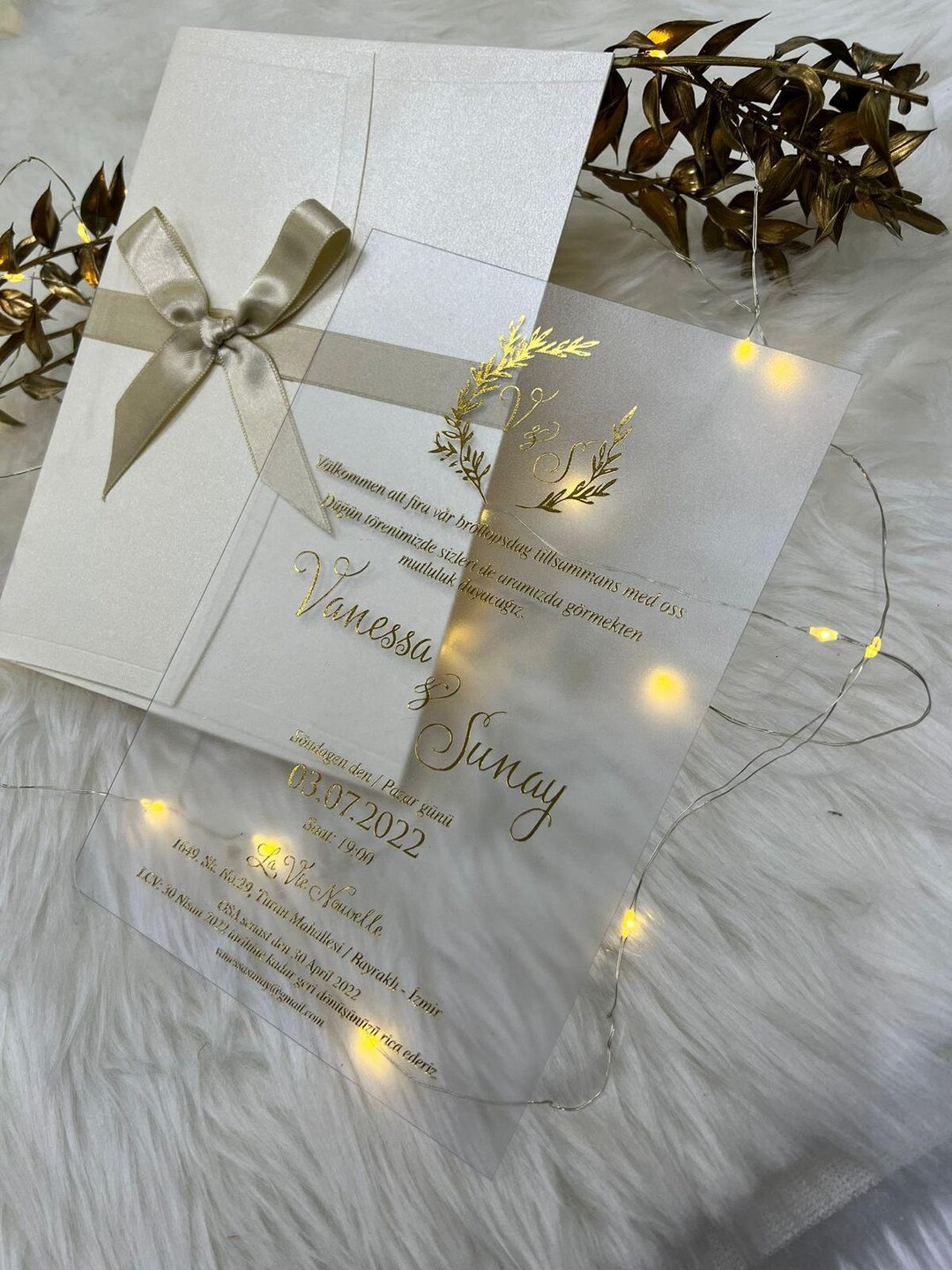 Frosted Gold Foil Invitation, Ribbon Invite, Acrylic Wedding Invitation ...