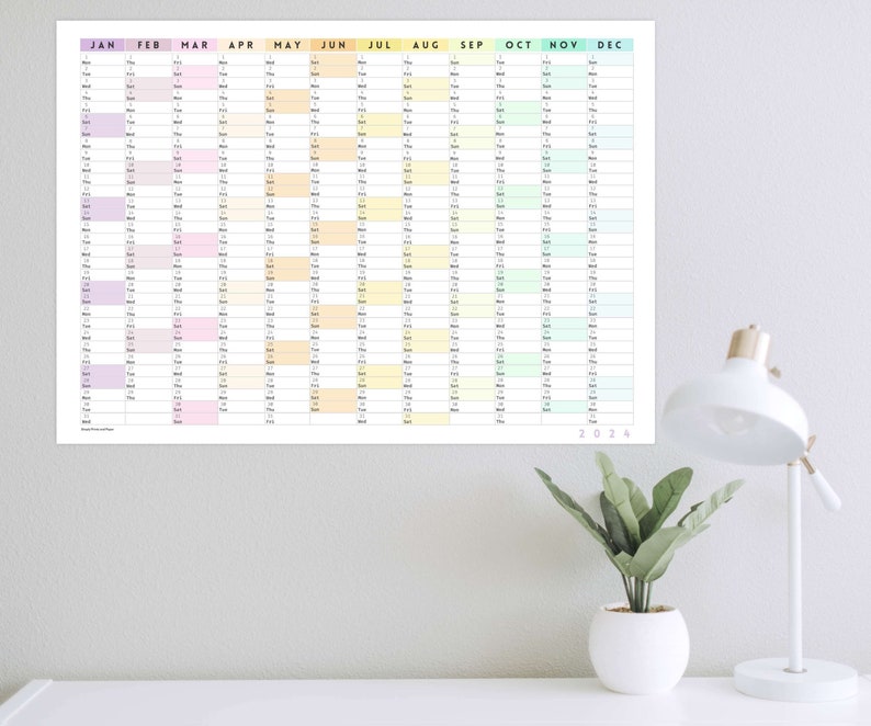 2024 Colorful Pastel Wall Calendar Printable Yearly Planner Large Wall ...