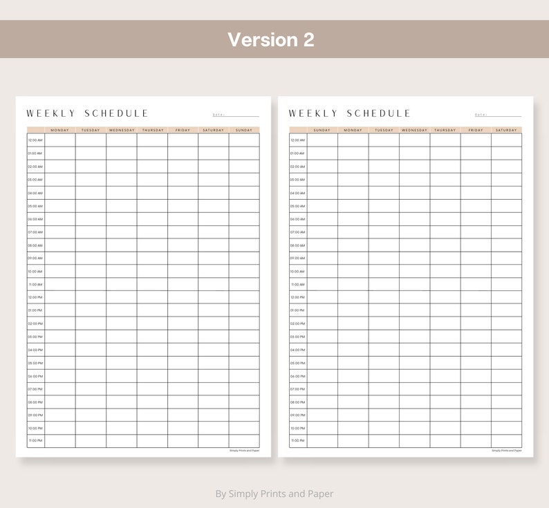 Simple Hourly Weekly Schedule Set, Half Hour Weekly Schedule, Weekly to ...