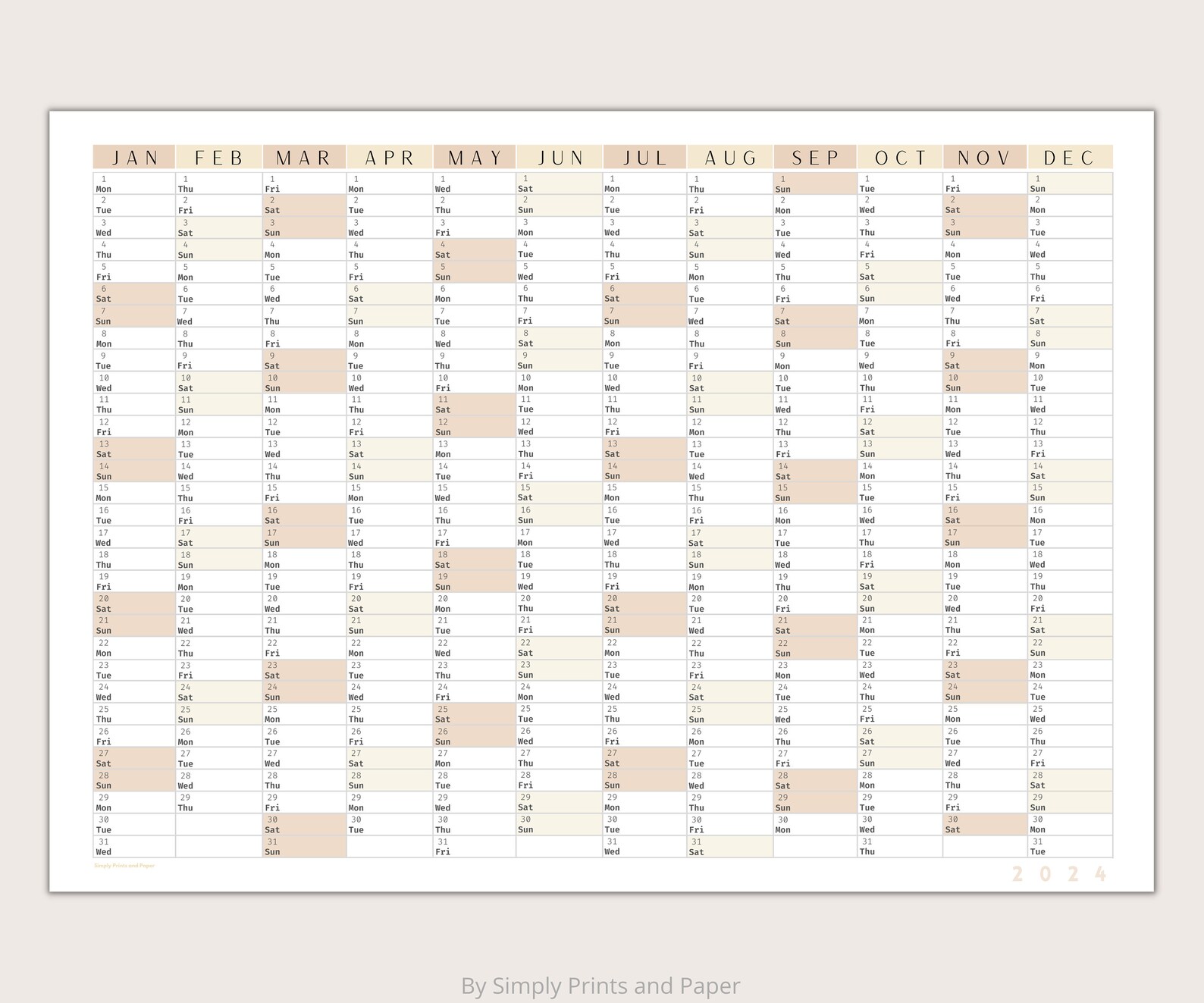 2024 Neutral Aesthetic Desk Calendar Printable Yearly Planner Large ...