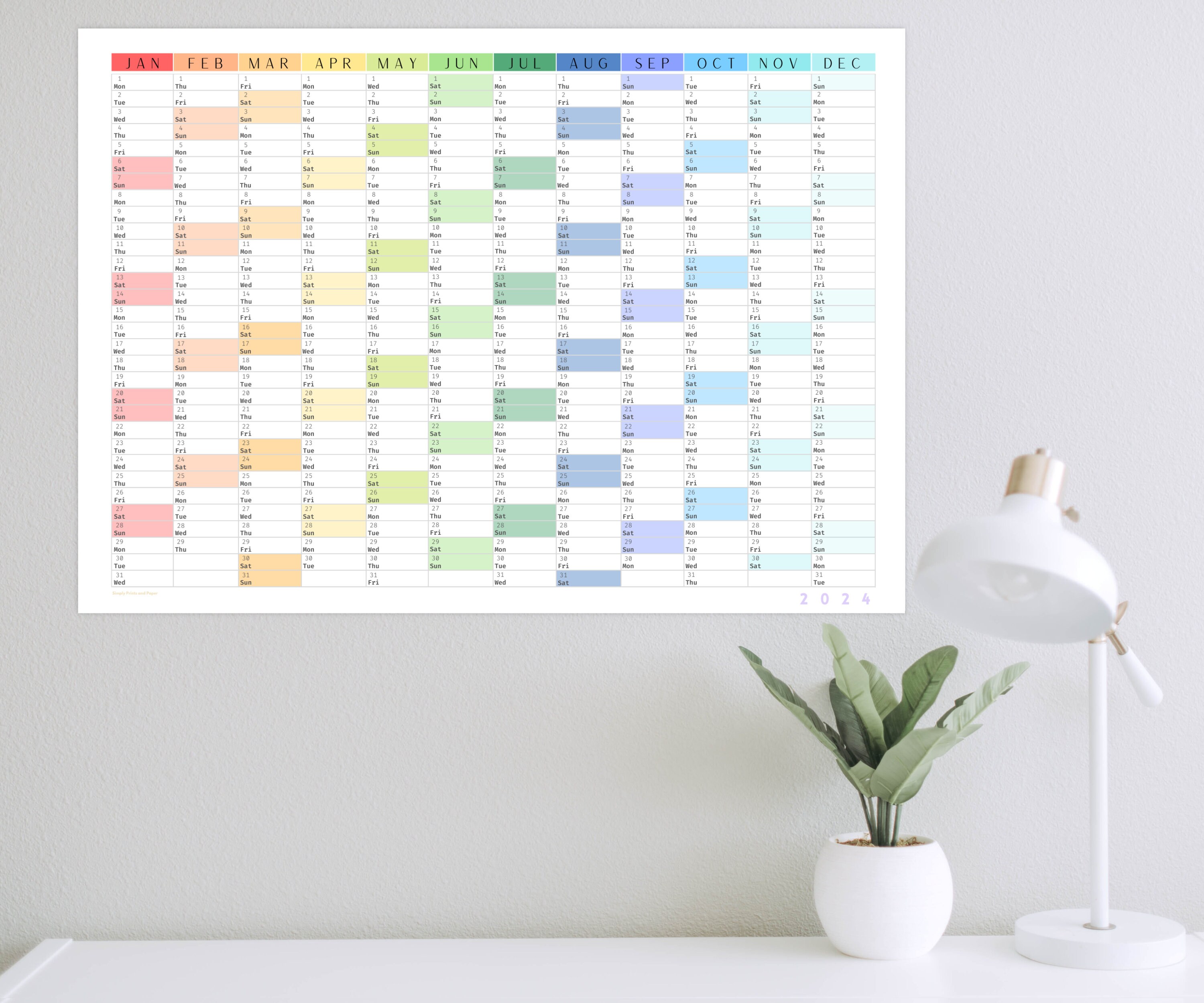 2024 Colorful Wall Calendar Printable Yearly Planner Large Wall ...