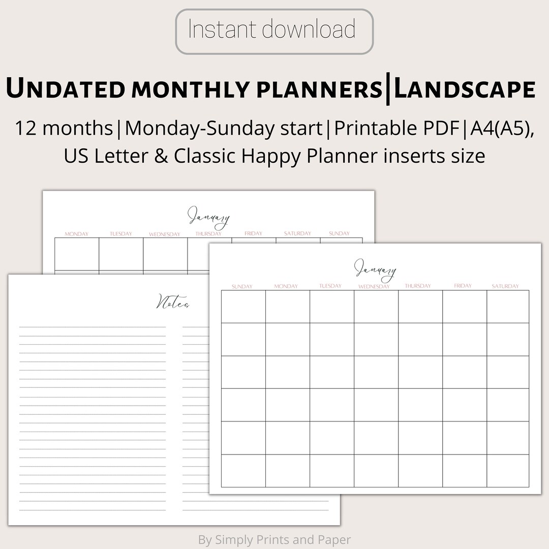 Monthly Calendar, Classic Undated Planner, Monday and Sunday Start ...