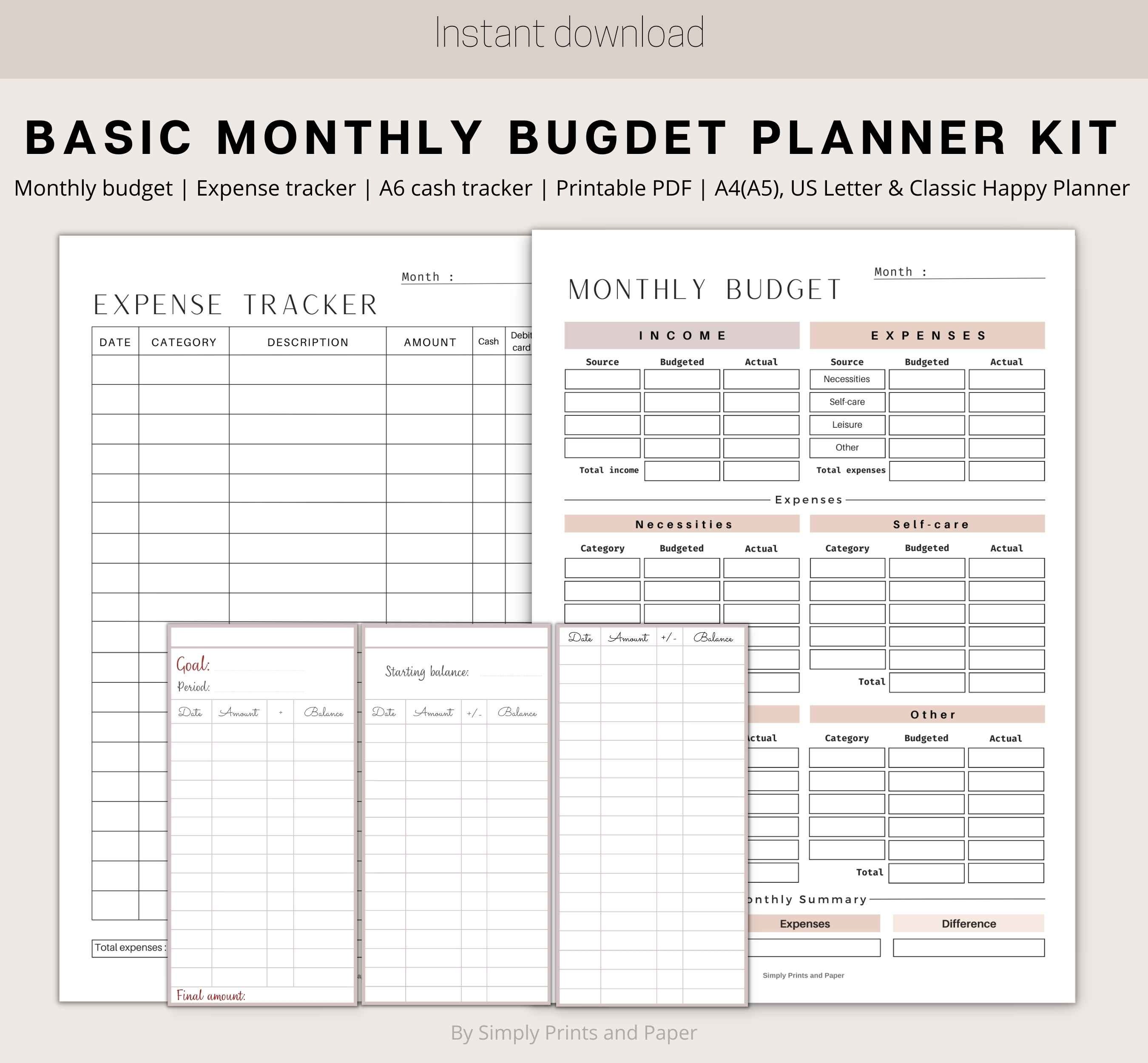 Simple Budget Planner Kit Printable Monthly Budget Planner Finance ...