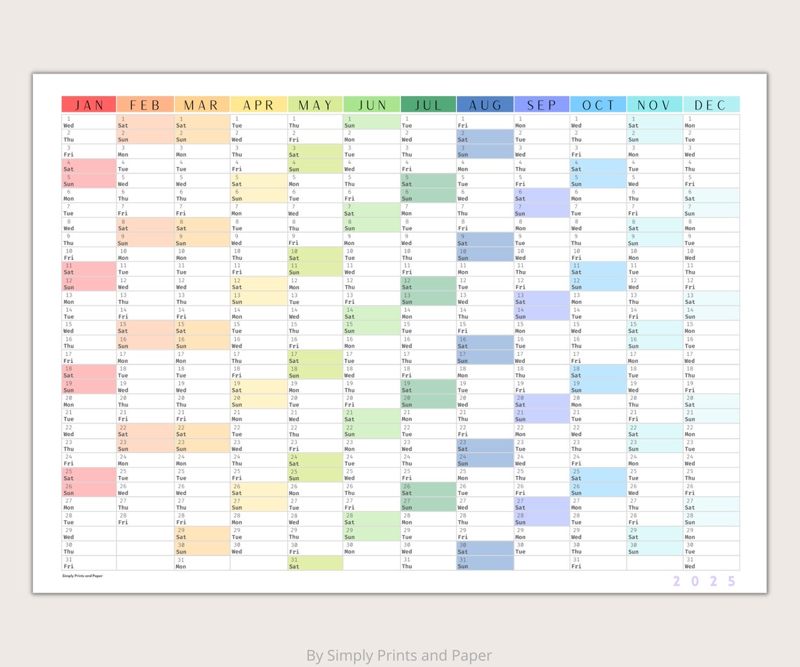 2025 Colorful Wall Calendar | Printable Yearly Planner | Large Wall Calendar Print | A3, A2, A1 ...