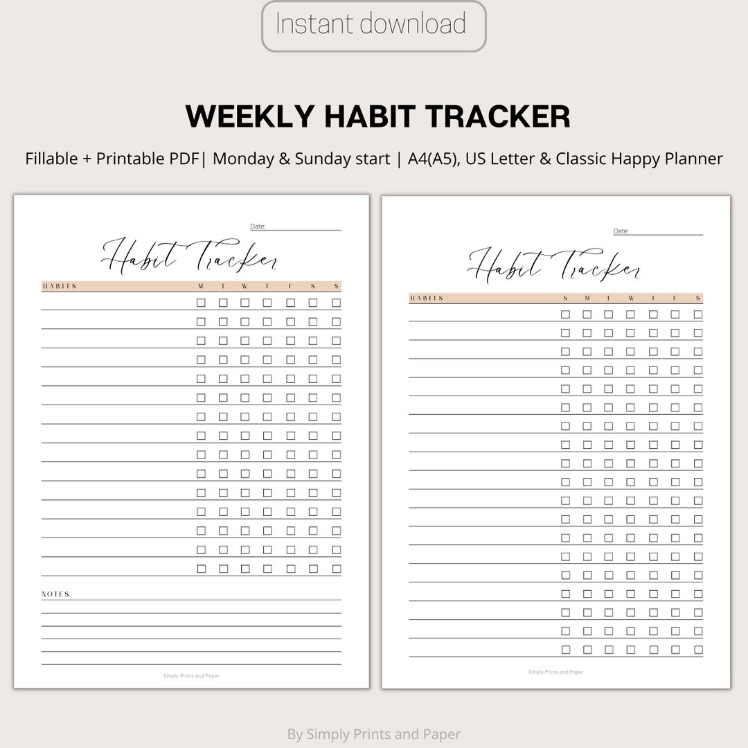 Editable Weekly Habit Tracker, Printable Habit Tracker Template, 7 Day ...