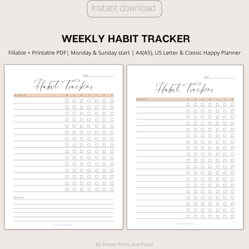 Editable Weekly Habit Tracker, Printable Habit Tracker Template, 7 Day ...