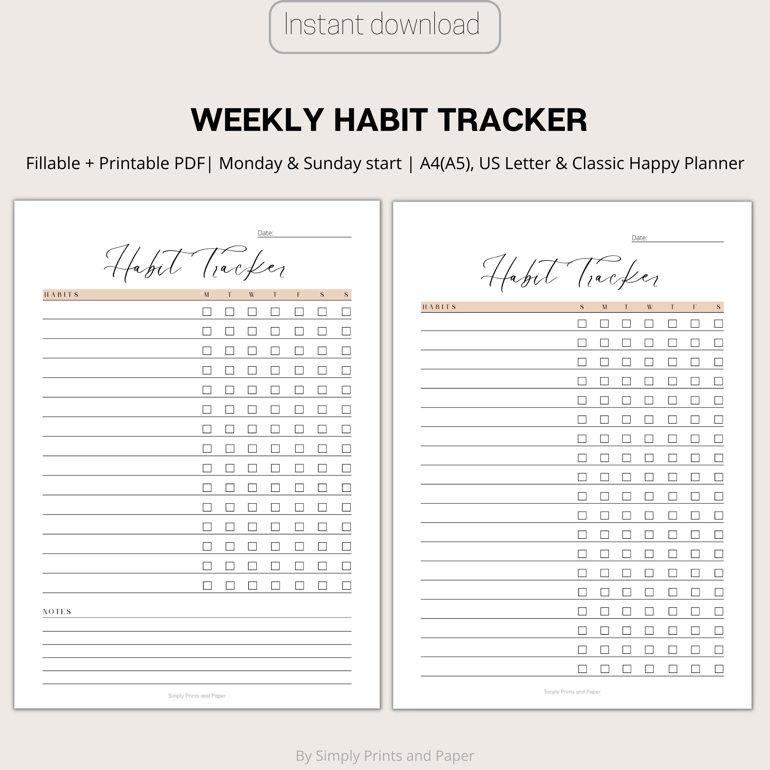 Editable Weekly Habit Tracker, Printable Habit Tracker Template, 7 Day ...