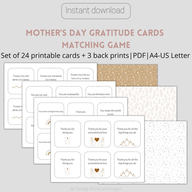 Mother's Day Memory Game, Printable Gift for Mothers, Gratitude Cards ...