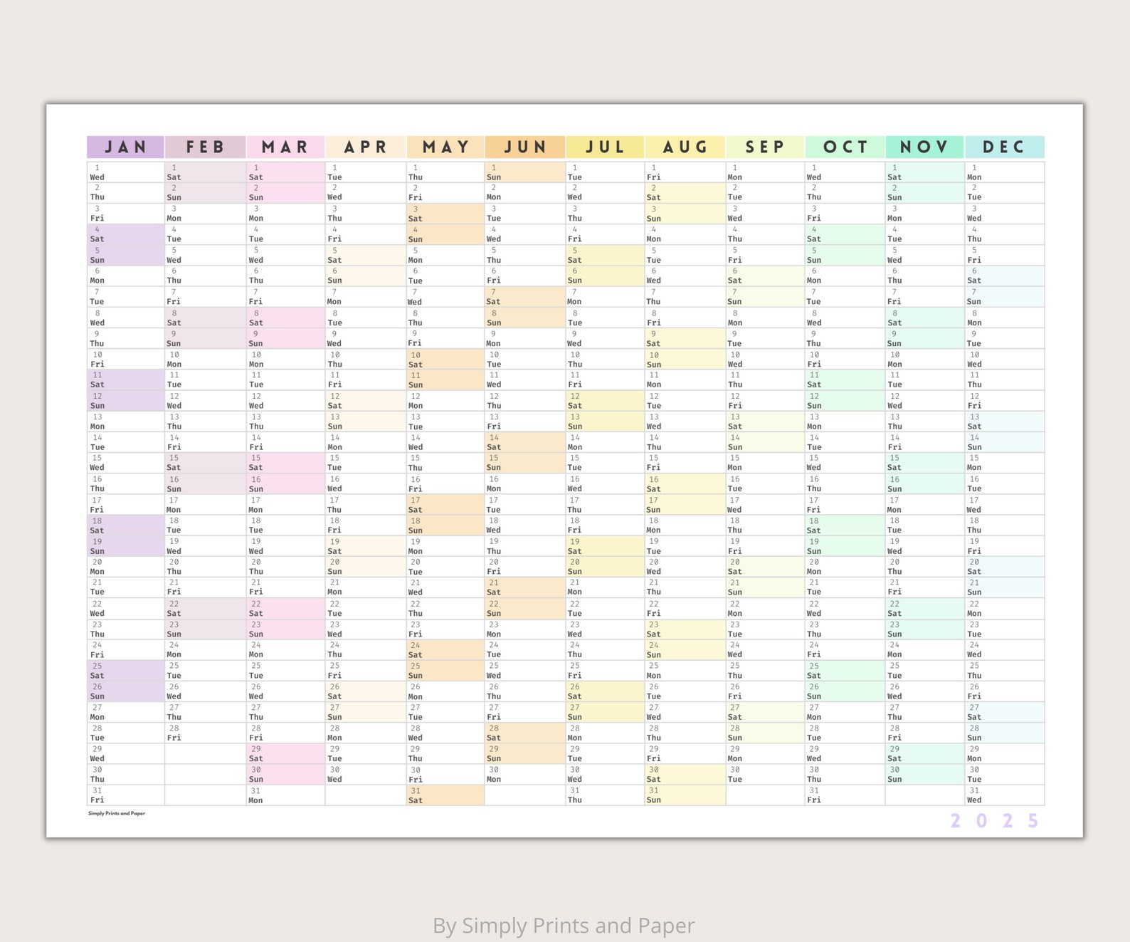 2025 Colorful Pastel Wall Calendar | Printable Yearly Planner | Large ...