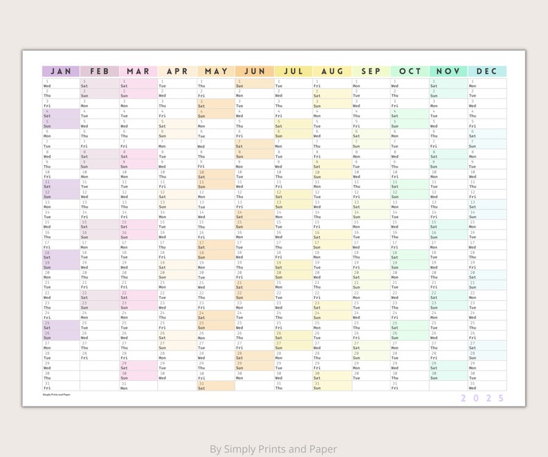 2025 Colorful Pastel Wall Calendar | Printable Yearly Planner | Large ...