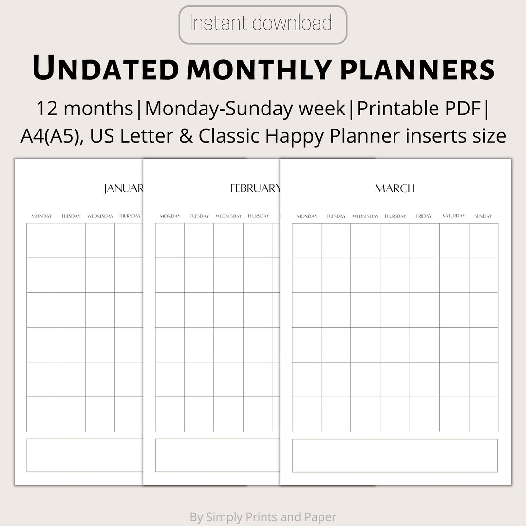 Printable Blank Monthly Calendar Monday Start Sunday Start - Etsy