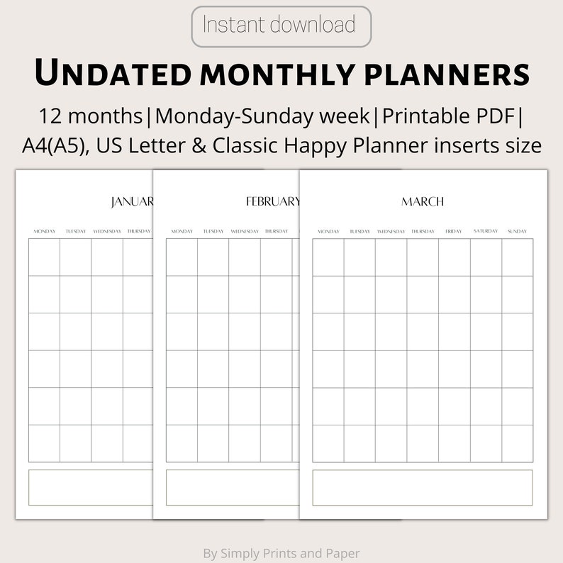 Printable Blank Monthly Calendar Monday Start Sunday Start - Etsy