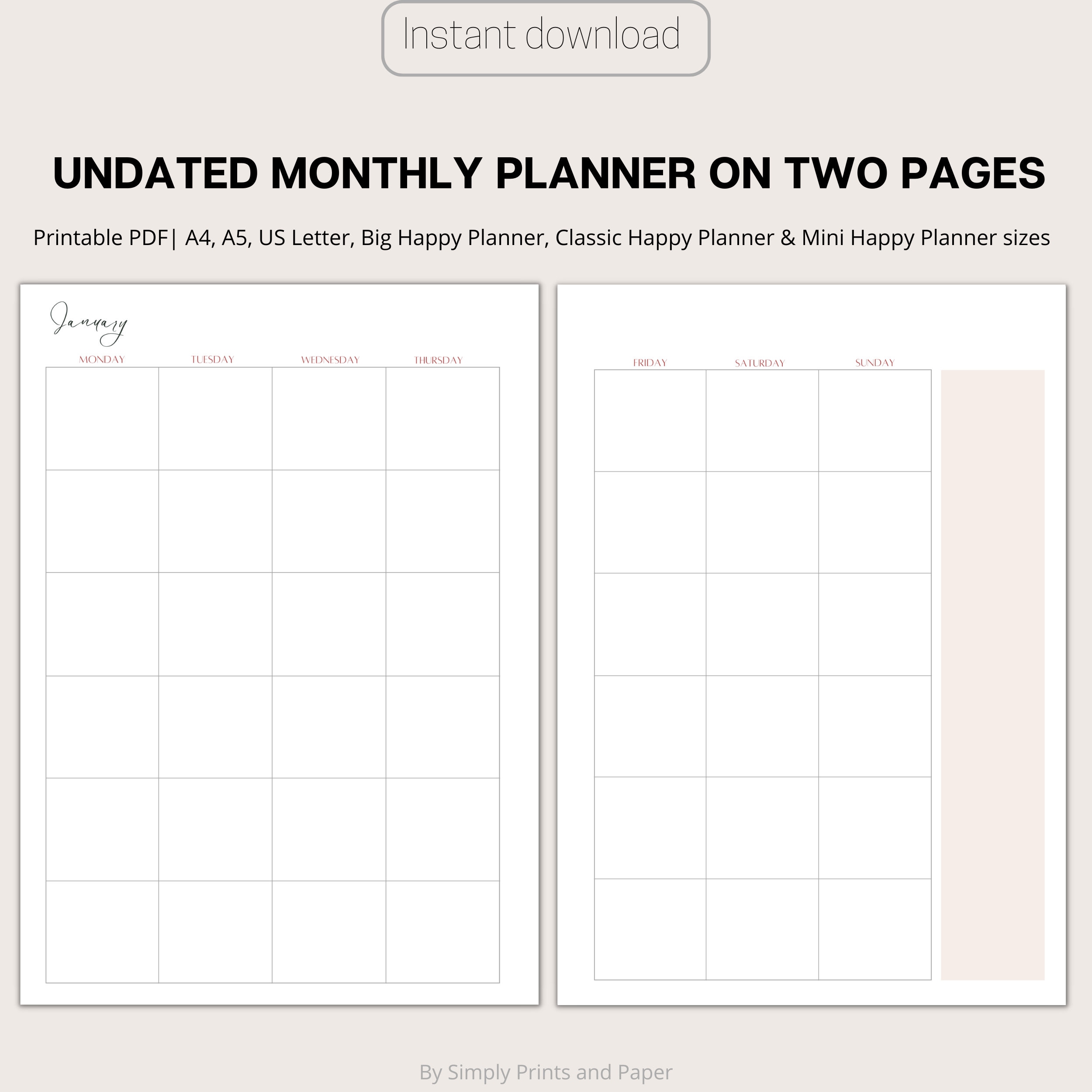 Monthly Calendar, Two Page Month at Glance Undated Planner, 12 Months ...