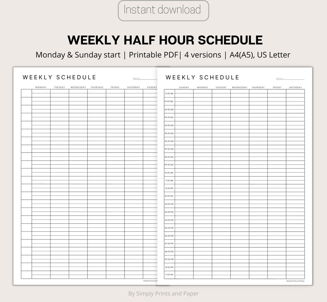 Simple Half Hour Weekly Schedule Set, Minimalist Weekly Schedule ...