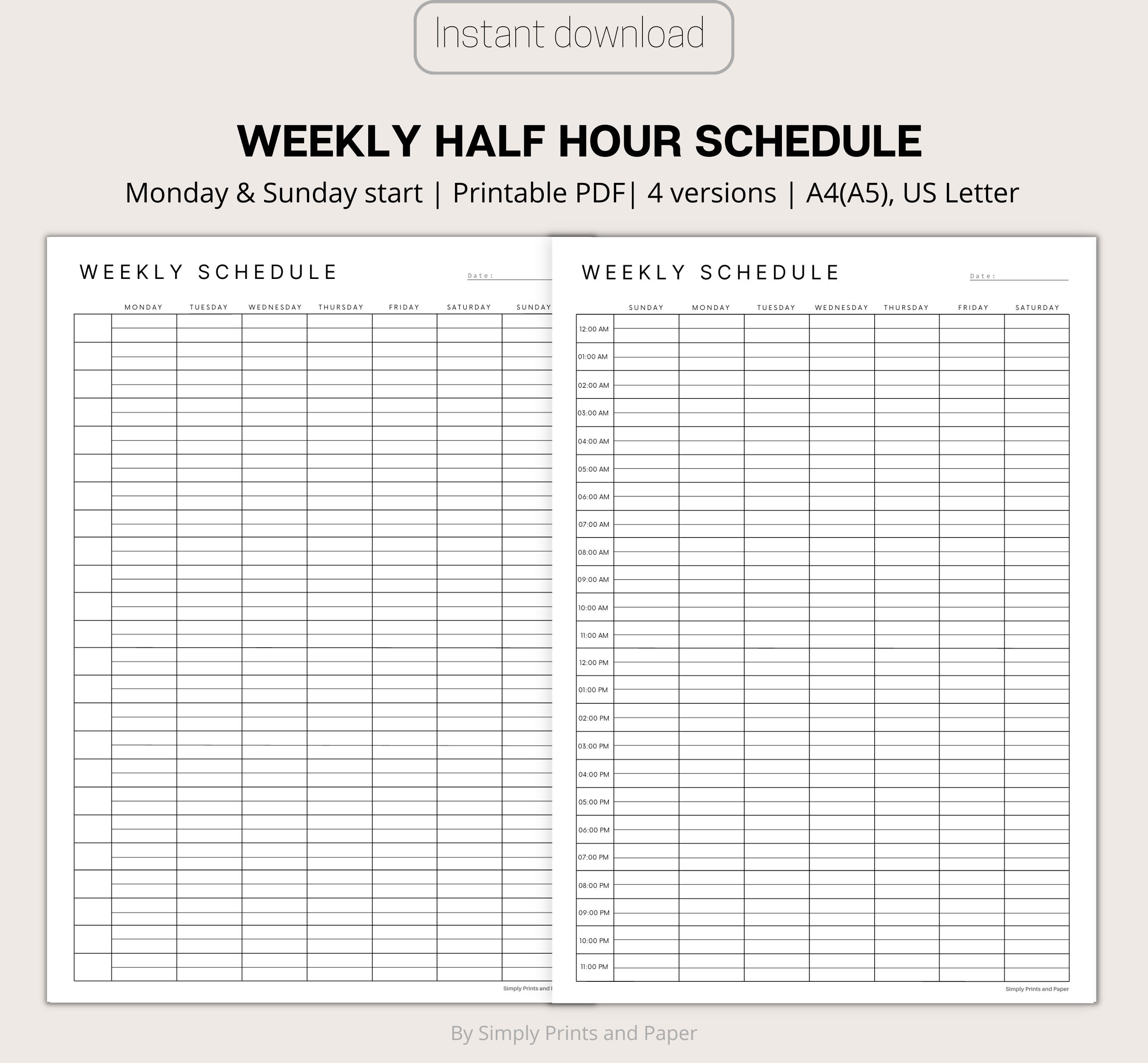 Simple Half Hour Weekly Schedule Set, Minimalist Weekly Schedule ...