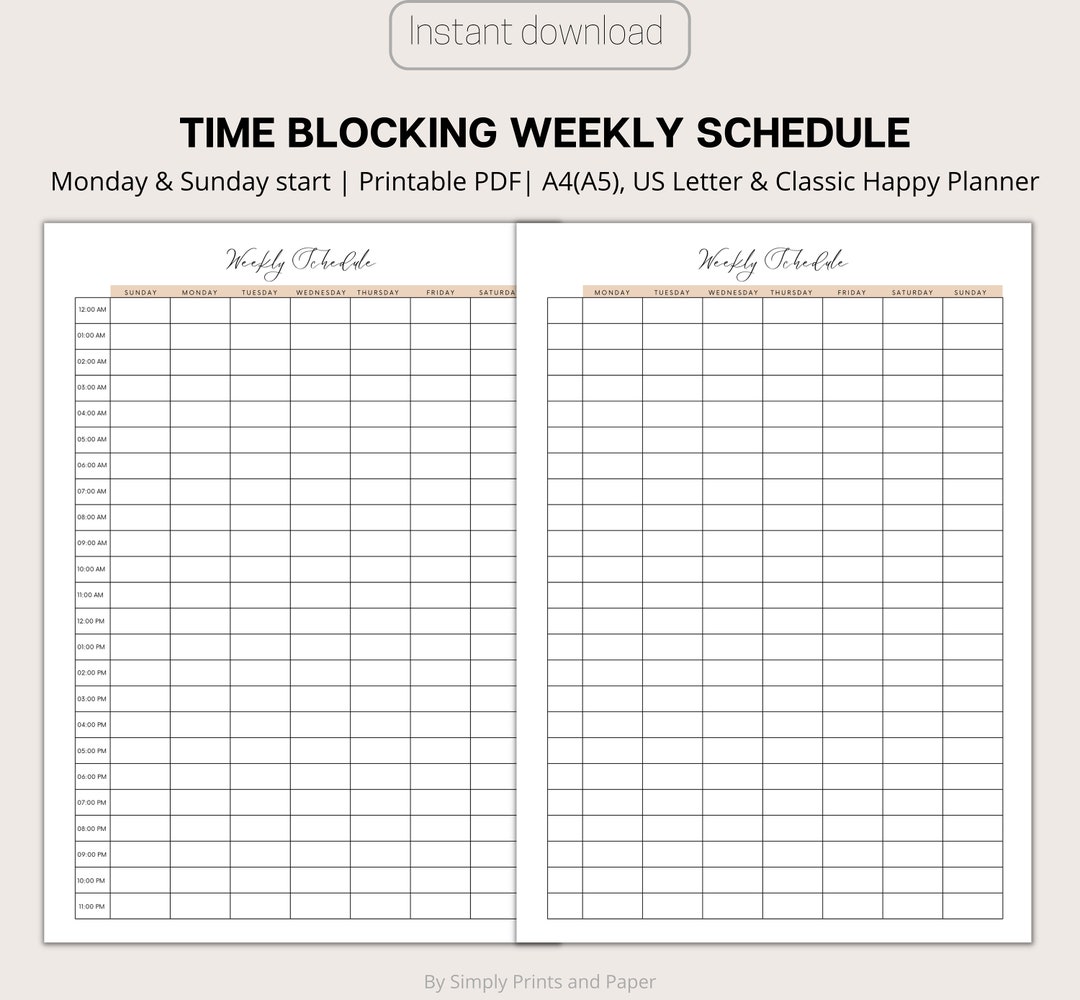 Simple Weekly Schedule, Weekly Time Block Planner Printable, Hourly ...