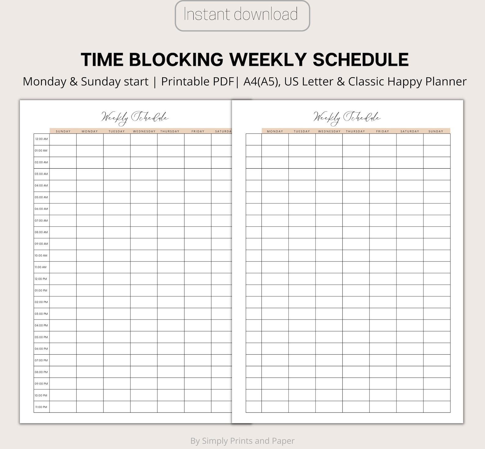 Simple Weekly Schedule, Weekly Time Block Planner Printable, Hourly ...