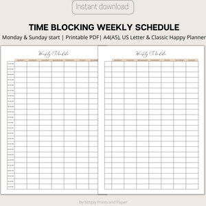 Simple Weekly Schedule, Weekly Time Block Planner Printable, Hourly ...