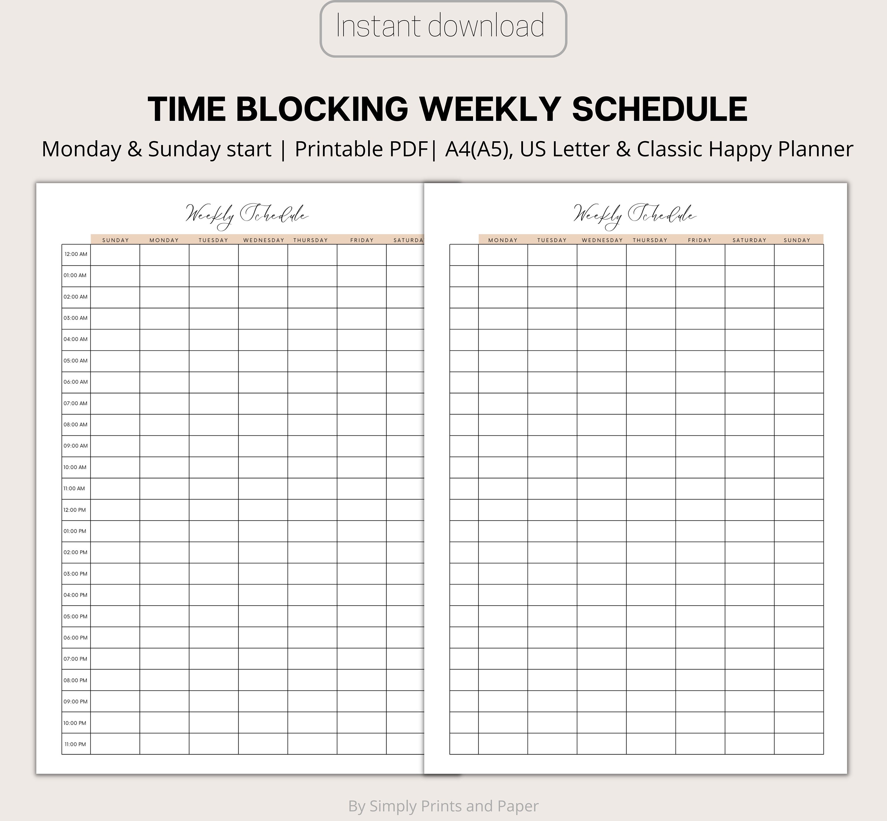 Simple Weekly Schedule, Weekly Time Block Planner Printable, Hourly ...