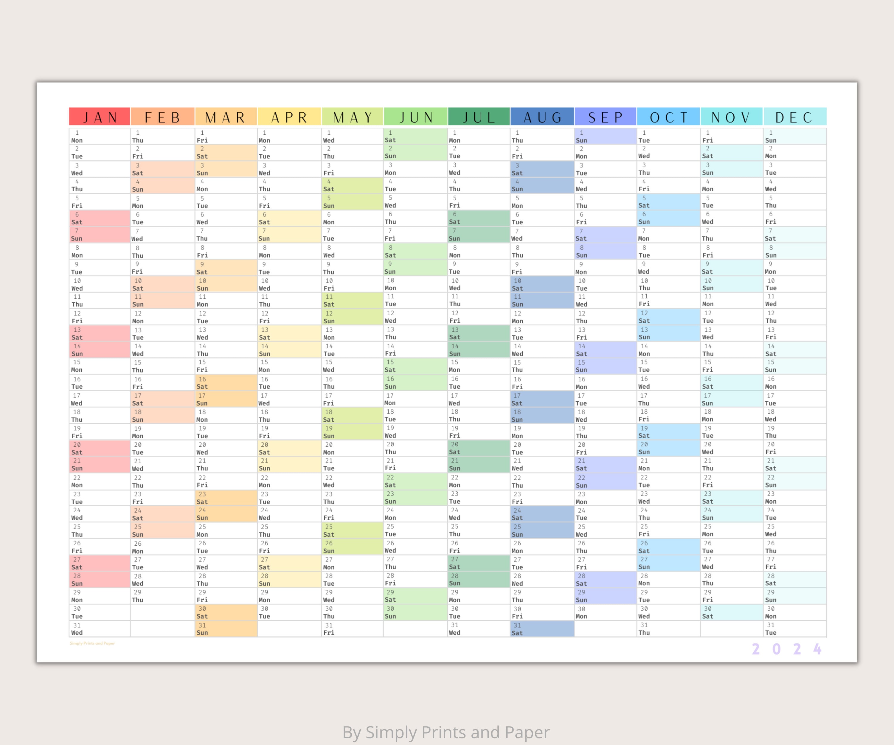 2024 Colorful Wall Calendar Printable Yearly Planner Large Wall ...