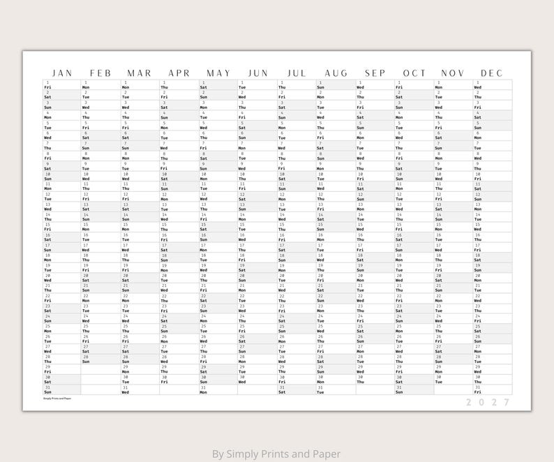 2027 Classic Wall Calendar | Printable Yearly Planner | Black & White ...