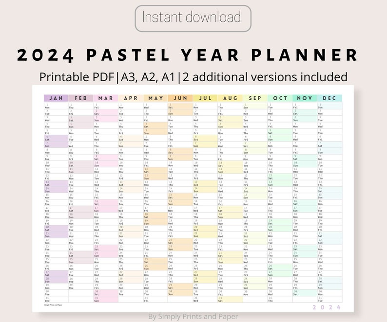 2024 Colorful Pastel Wall Calendar Printable Yearly Planner Large Wall ...