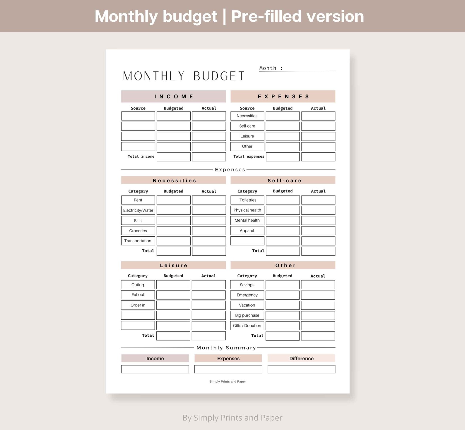 Simple Budget Planner Kit Printable Monthly Budget Planner Finance ...