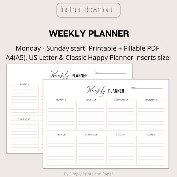 Printable Weekly Planner Fillable PDF Schedule Office | Etsy