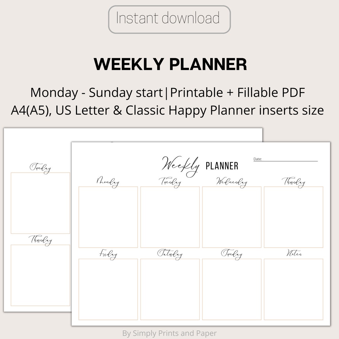 Weekly Planner Printable, Digital Weekly Schedule, Week at a Glance ...