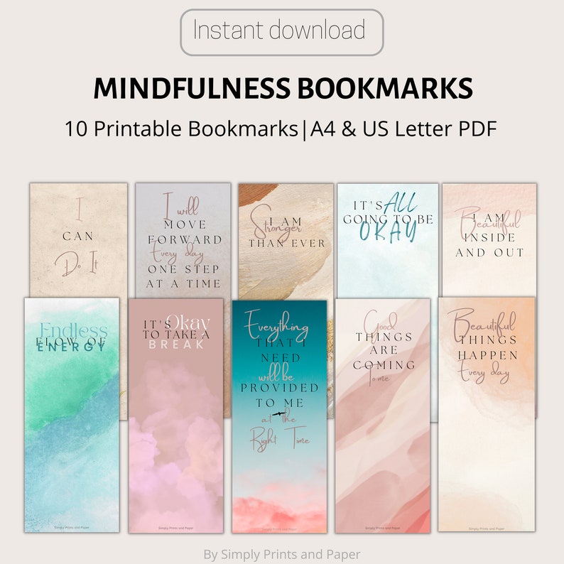 Printable Bookmark Set of 10, Mindfulness Printable Bookmarks Templates ...